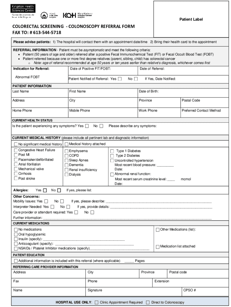 Fillable Online COLORECTAL SCREENING COLONOSCOPY REFERRAL ... Fax Email ...