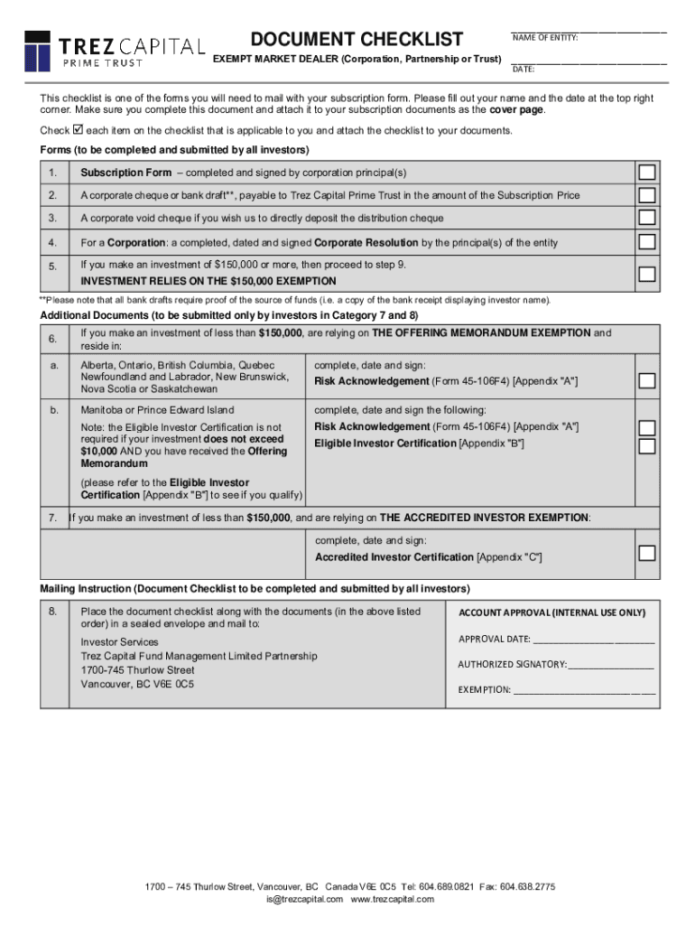 Fillable Online A corporate cheque or bank draft**, payable to Trez ...