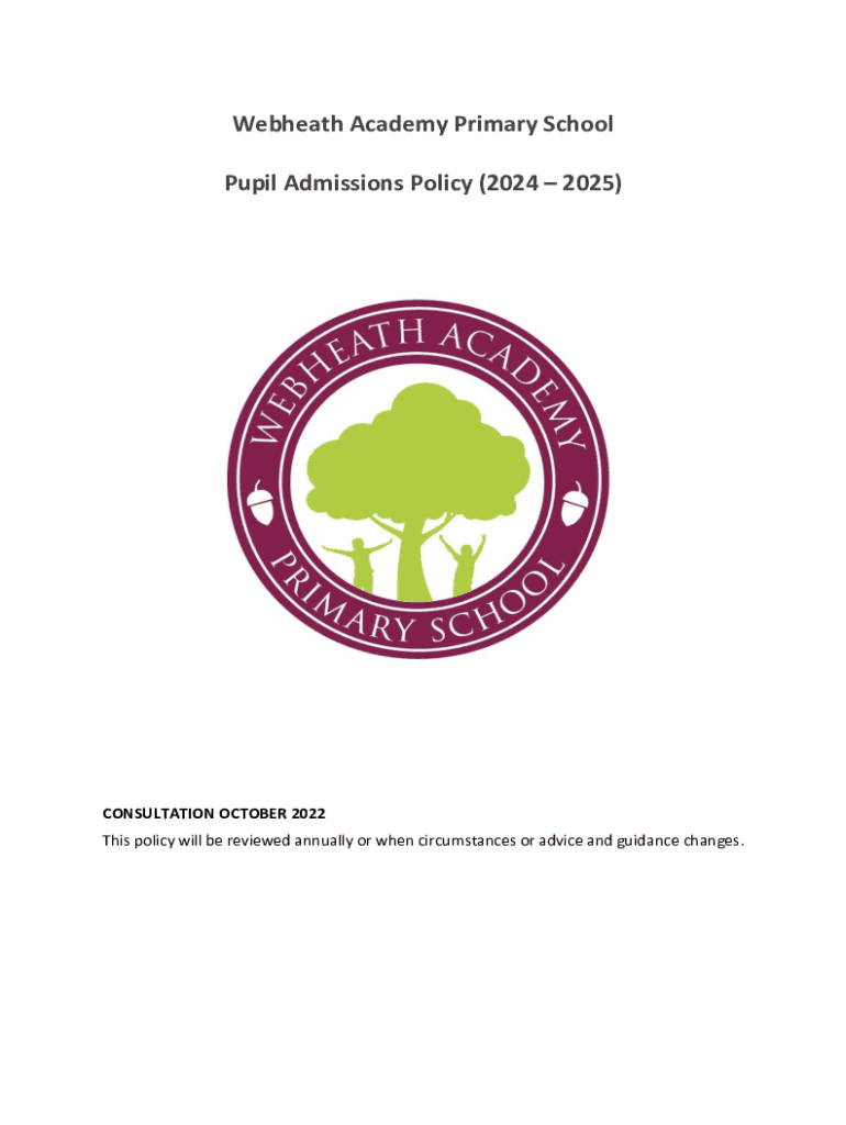 Fillable Online Webheath Academy Primary School Pupil Admissions ...