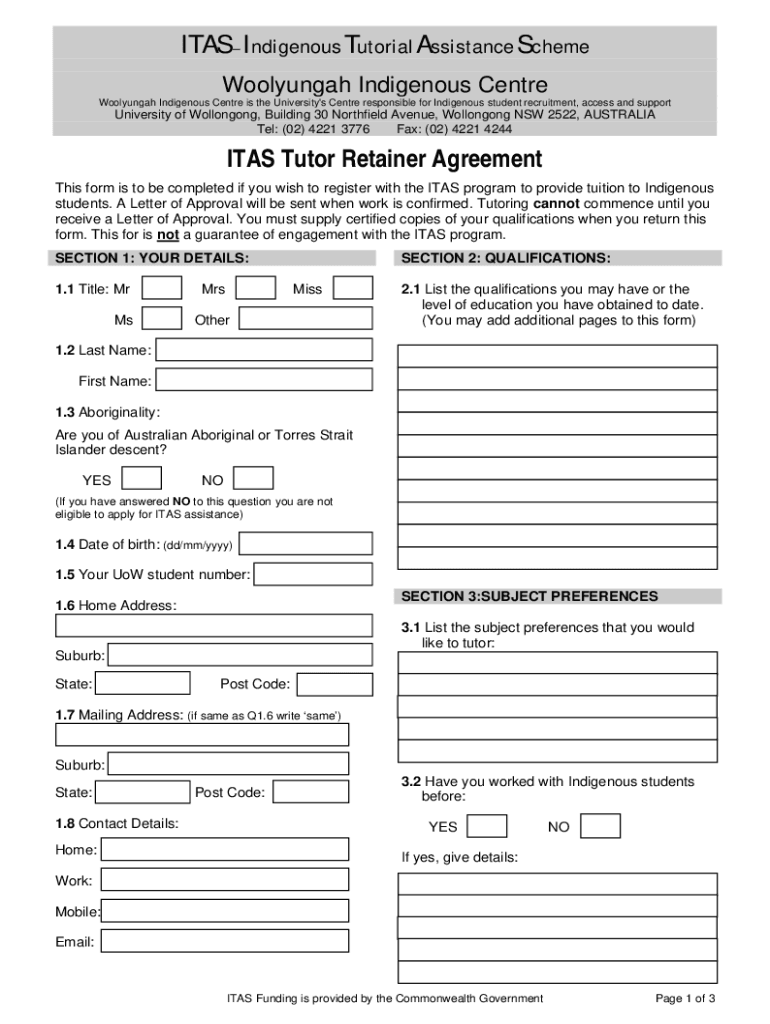 Fillable Online ITAS Tutor Retainer Agreement Form - UPDATED Fax Email ...