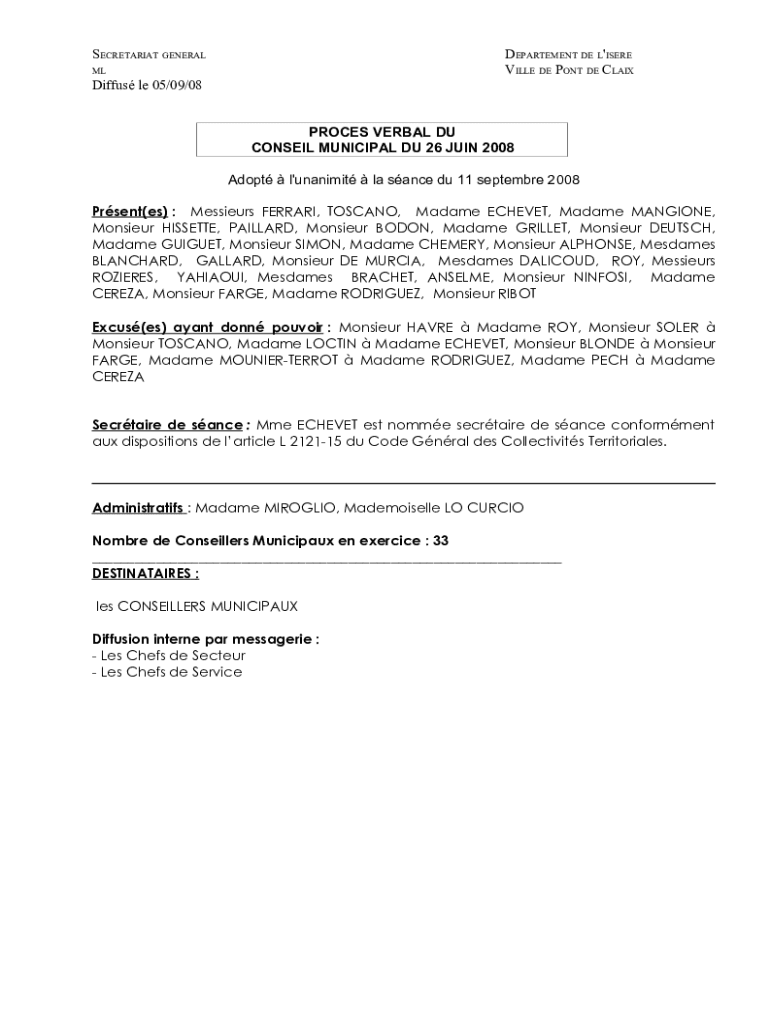 Remplissable En Ligne proces-verbal - REUNION DU CONSEIL MUNICIPAL Fax Email Imprimer - pdfFiller