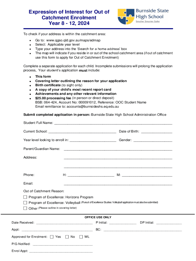 Fillable Online burnsideshs eq edu Out of Catchment Application ...