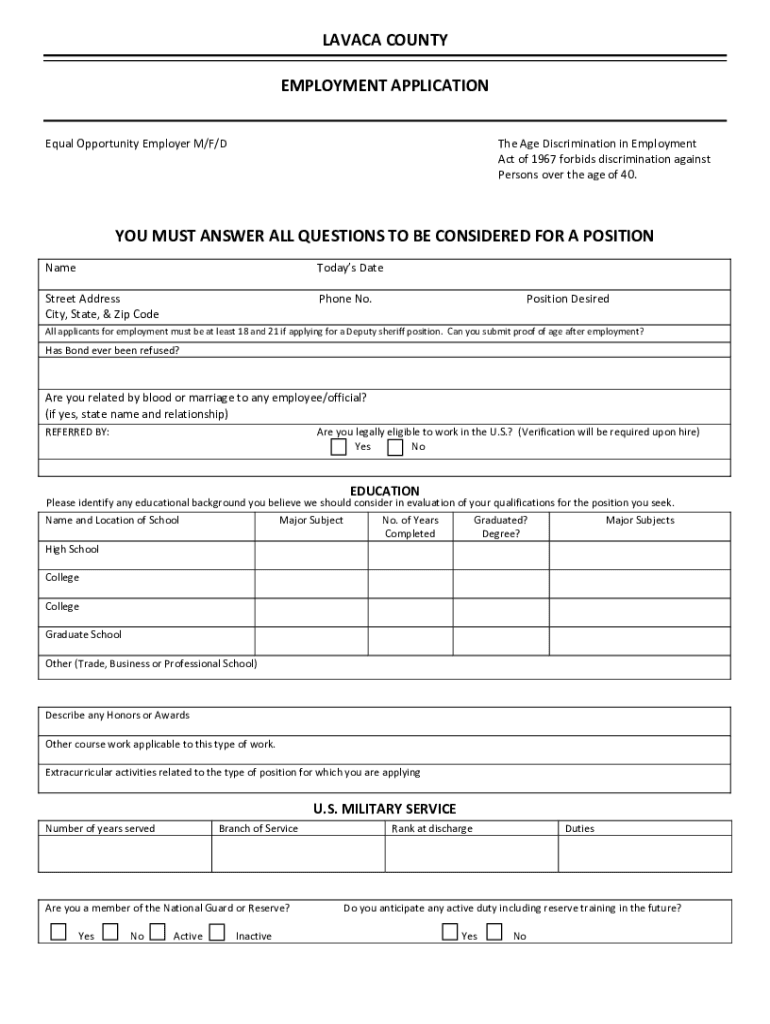 Fillable Online Employment Application - Lavaca County, Texas Fax Email ...