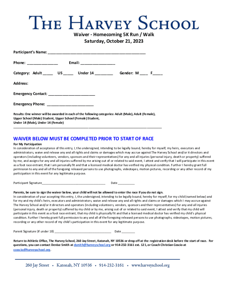 Fillable Online Waiver - Homecoming 5K Run / Walk Saturday, October 21 ...