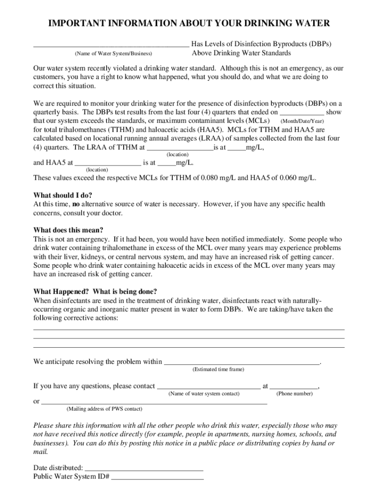 Fillable Online Public Notification Template - Total Trihalomethanes ...