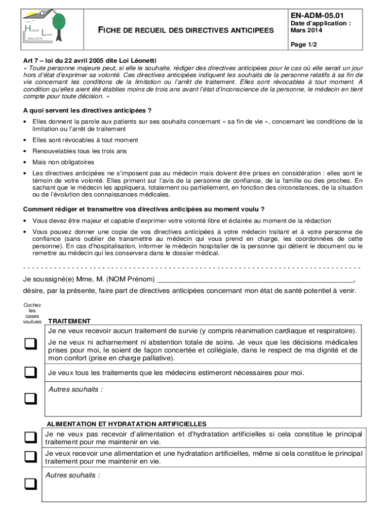 Remplissable En Ligne FICHE DE RECUEIL DES DIRECTIVES ANTICIPEES Fax Email Imprimer - pdfFiller