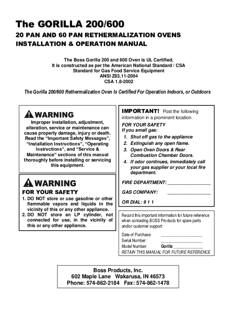 Fillable Online Gorilla Ovens - 600 Series - Boss Products Inc Fax Email Print - pdfFiller