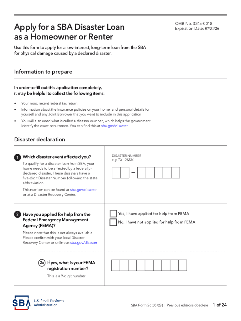 Fillable Online Apply for a SBA Disaster Loan as a Homeowner or Renter ...