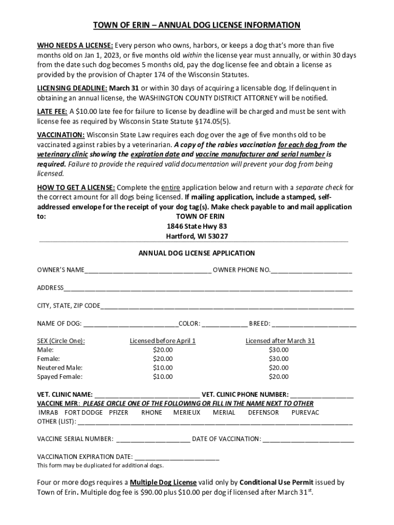 Fillable Online ANNUAL DOG LICENSE INFORMATION - TOWN OF ERIN Fax Email ...