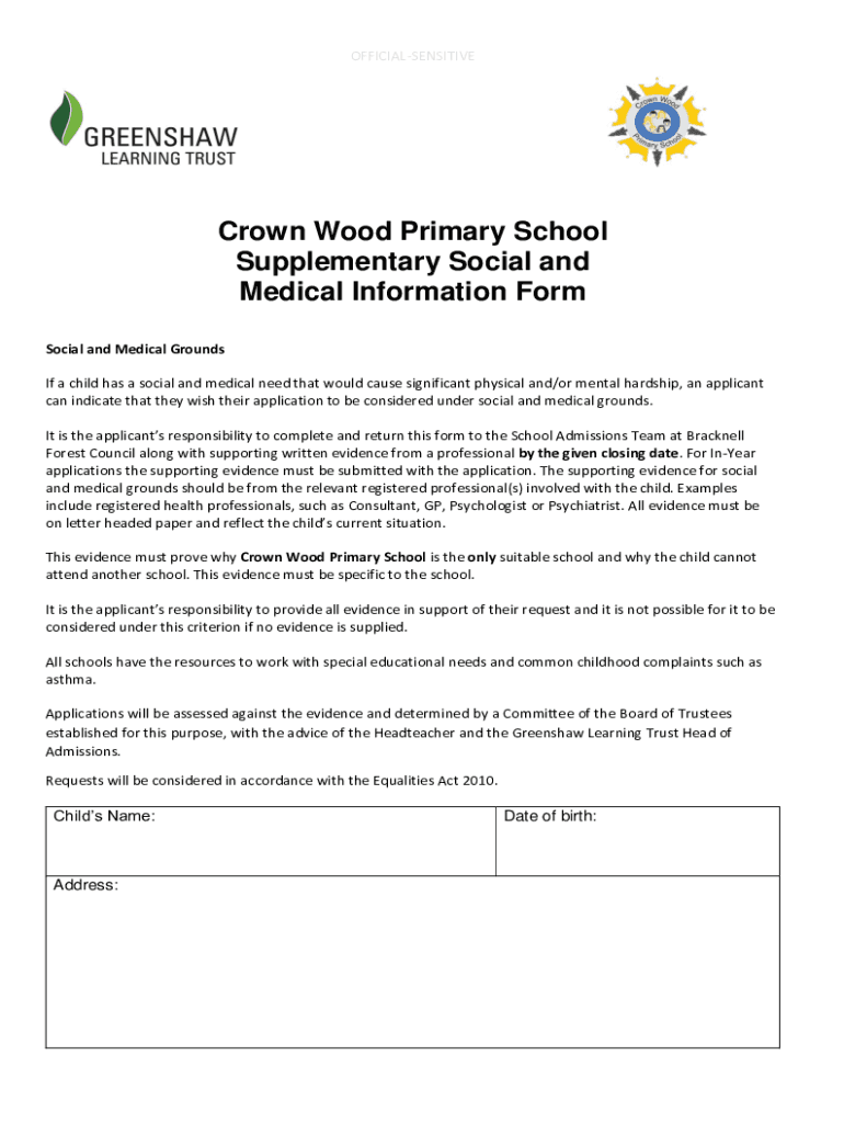Fillable Online Crown Wood Primary School - supplementary social and medical information form ...