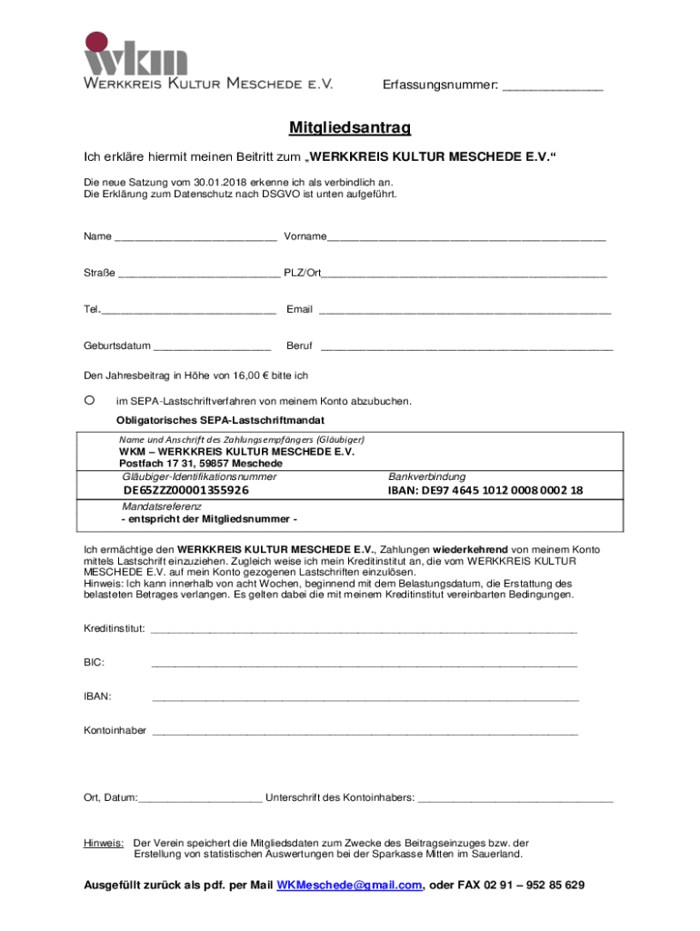 Ausfüllbar Online WKM Werkkreis Kultur Meschede e.V. Erfassungsnummer ...