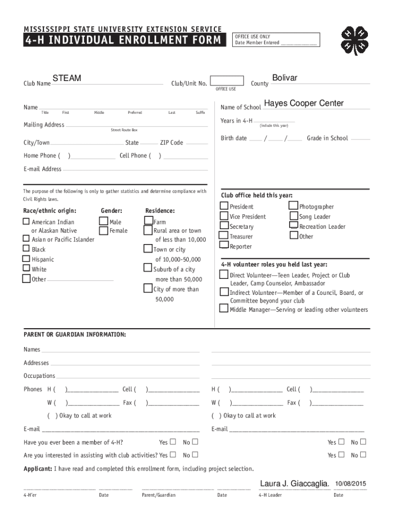 Fillable Online F1035 4-H Individual Enrollment Form. Mississippi State University Extension ...