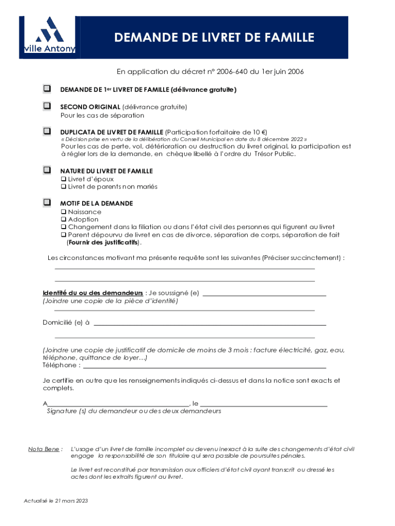 Remplissable En Ligne Demande de Livret de Famille - Ville de ...
