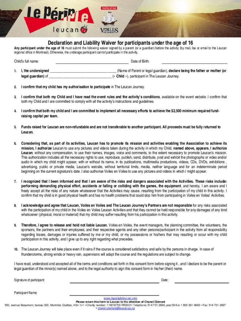 Fillable Online Declaration and Liability Waiver for participants under ...