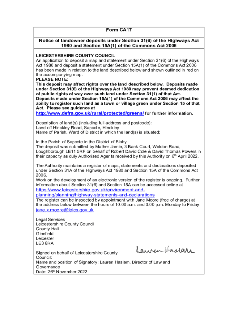 Fillable Online Land off Hinckley Road, Sapcote, Hinckley - notice and ...
