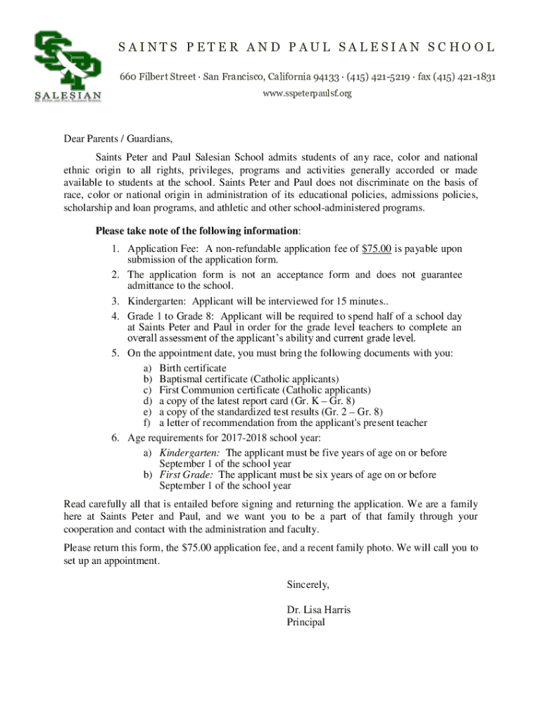 Fillable Online Saints Peter and Paul School, Catholic Elementary ...