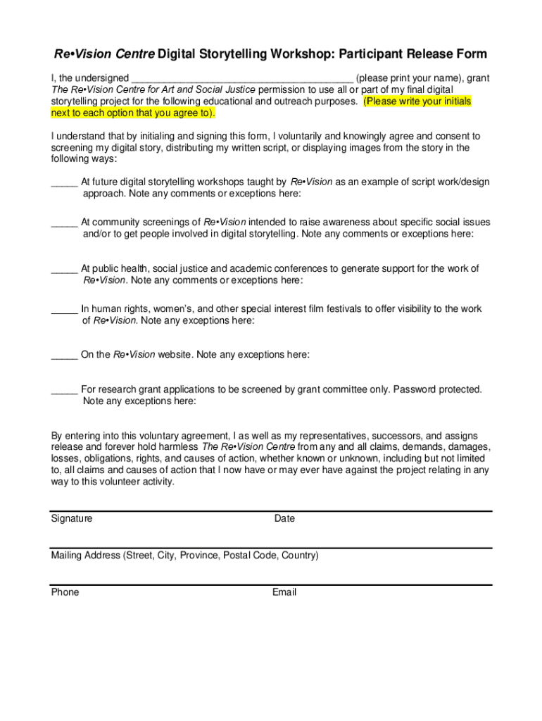 Fillable Online ReVision Centre Digital Storytelling Workshop ...