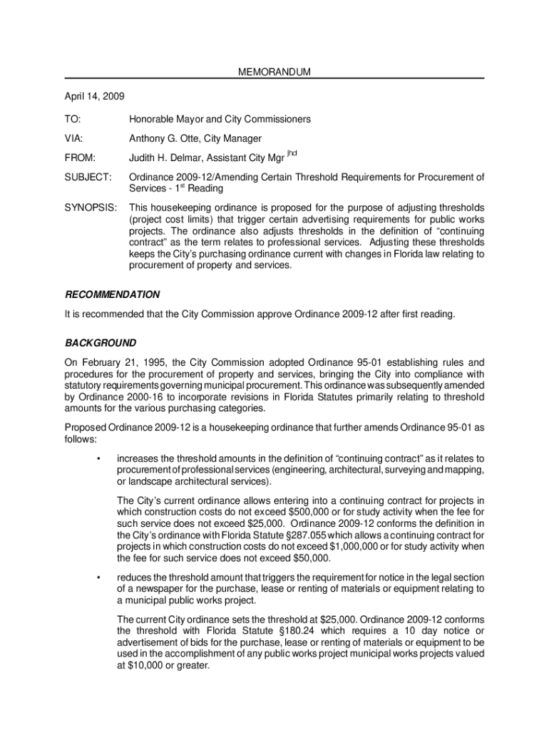 Fillable Online lakewales elaws #8. Ord 09-12 Procurement Thresholds ...