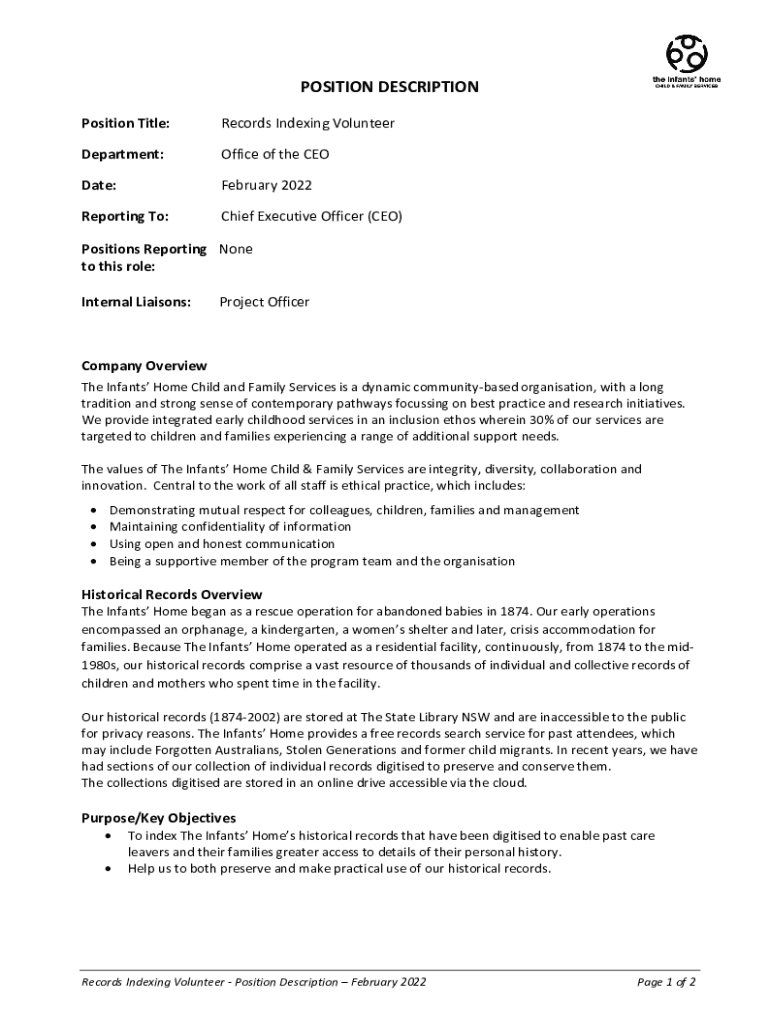Fillable Online theinfantshome org Position Description - Template Fax ...