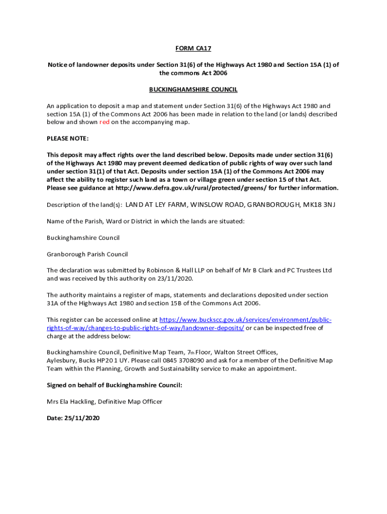 Fillable Online FORM CA17 Notice of landowner deposits under Section 31 ...