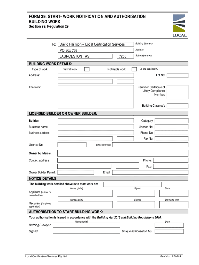 Fillable Online FORM 39: START- WORK NOTIFICATION AND ... - Local Group ...