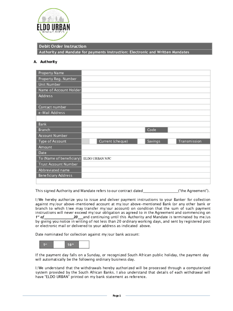 Fillable Online Debit Order Form - Eldo Urban Fax Email Print - pdfFiller