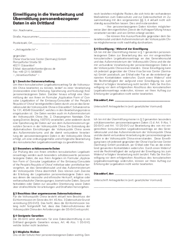 Ausfüllbar Online Einwilligung in die Verarbeitung und bermittlung ...