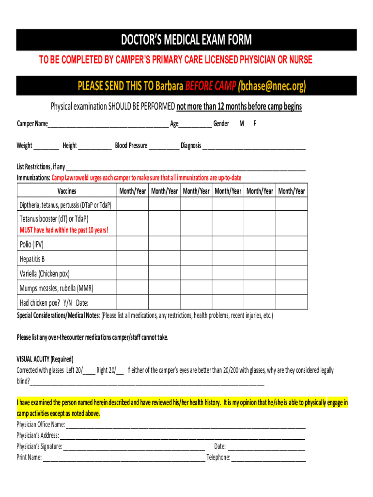 Fillable Online DOCTOR'S MEDICAL EXAM FORM - UltraCamp Fax Email Print ...
