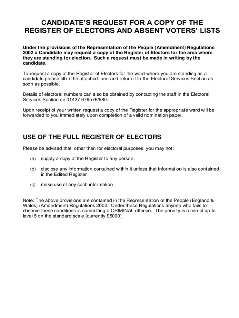 Fillable Online Candidate's request for a copy of the register of ...
