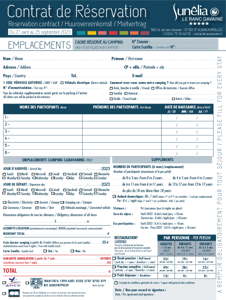 Remplissable En Ligne Contrat de Rservation - Ranc Davaine Fax Email Imprimer - pdfFiller
