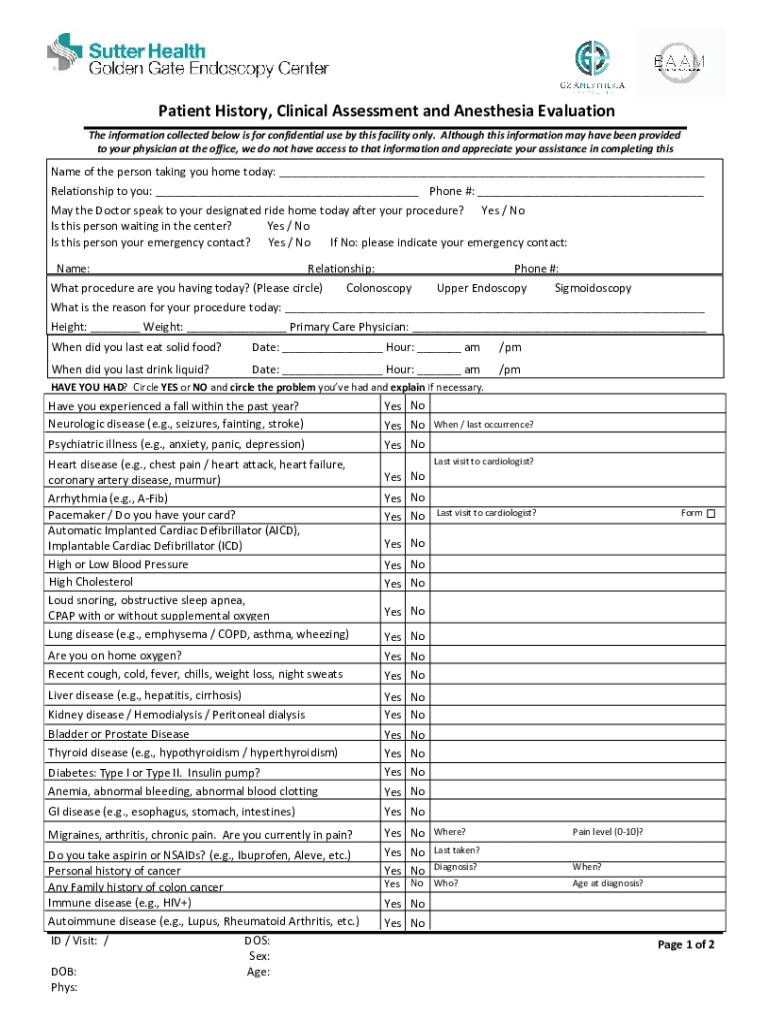Fillable Online Patient History, Clinical Assessment and Anesthesia ...