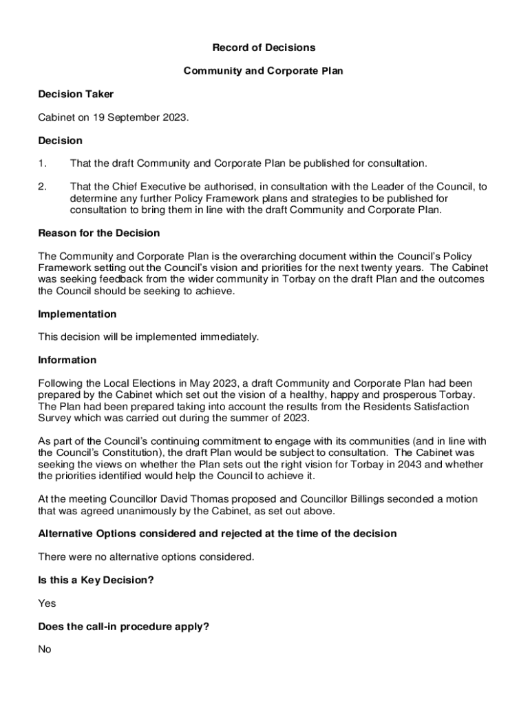 Fillable Online Record of Decisions Community and Corporate Plan ...