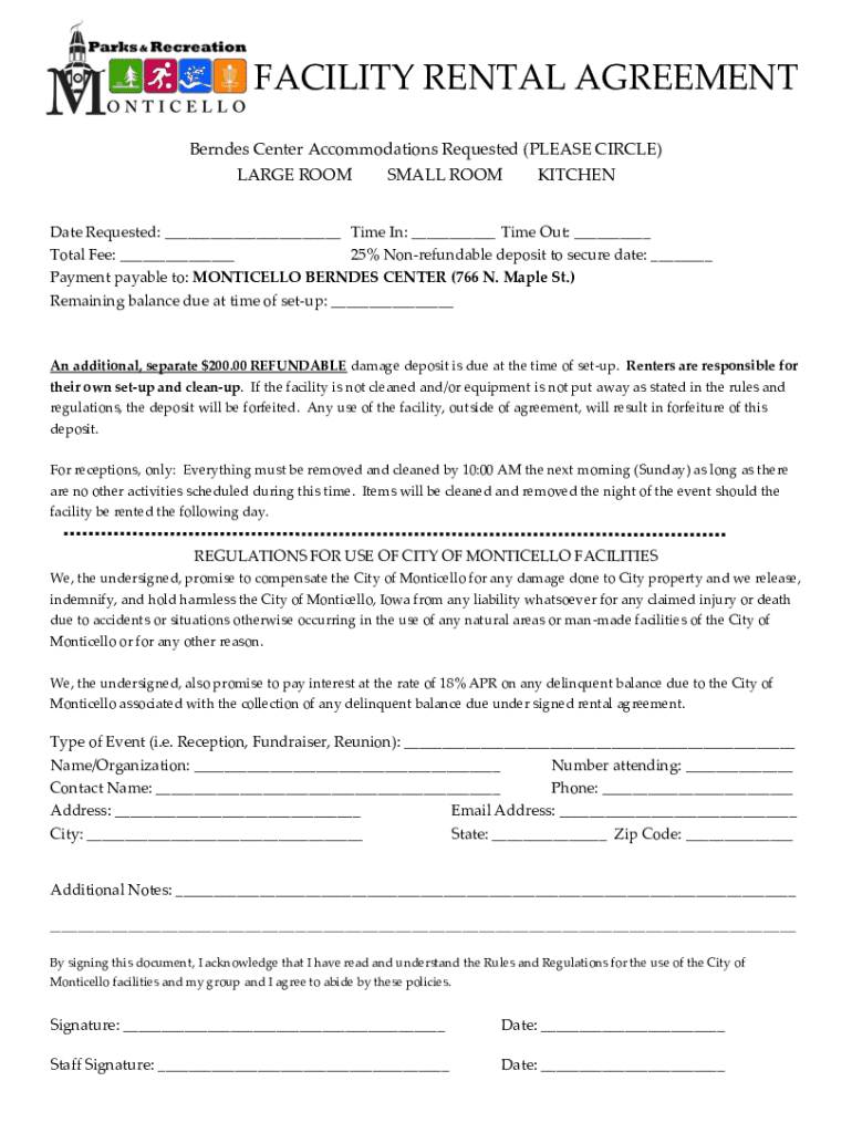 Fillable Online FACILITY RENTAL AGREEMENT - City of Monticello Iowa Fax ...