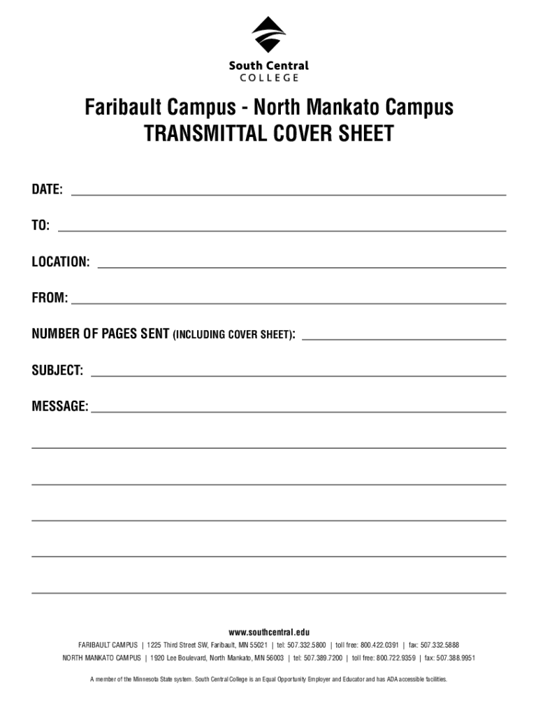 Fillable Online North Mankato Campus TRANSMITTAL COVER SHEET Fax Email ...