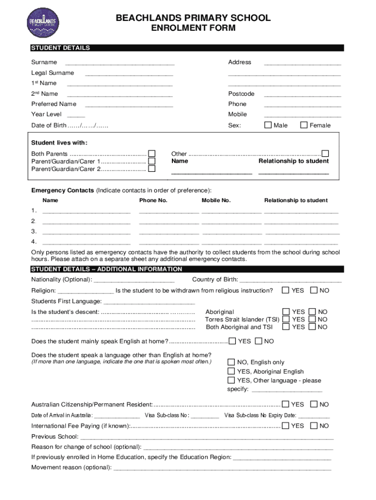 Fillable Online beachlandsps wa edu STUDENT ENROLMENT FORM - Hilton ...