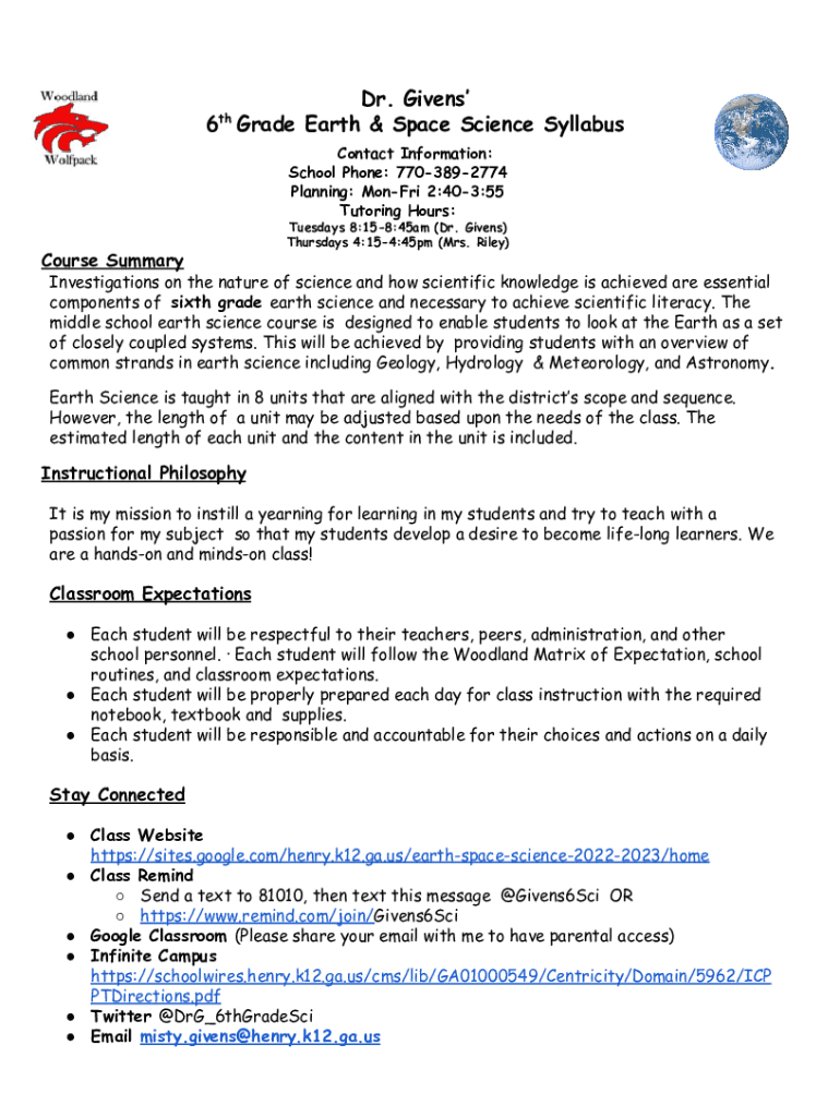 Fillable Online schoolwires henry k12 ga 6th Grade Earth and Space ...