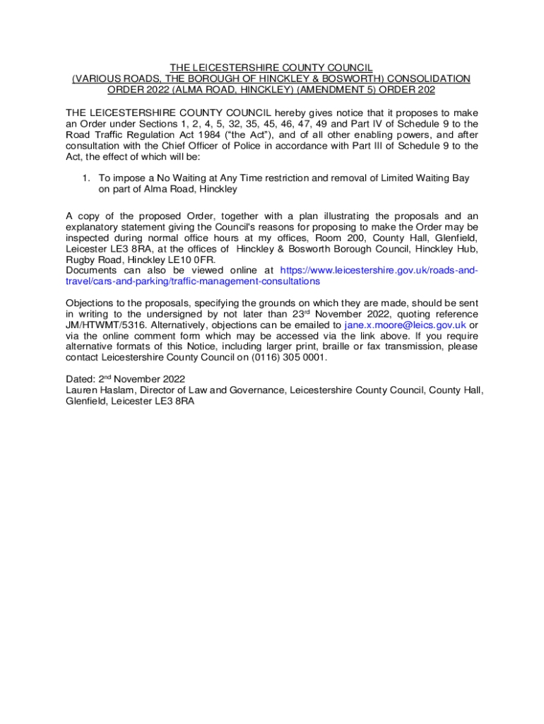 Fillable Online Waiting order various roads (Hinckley and Bosworth) Fax ...