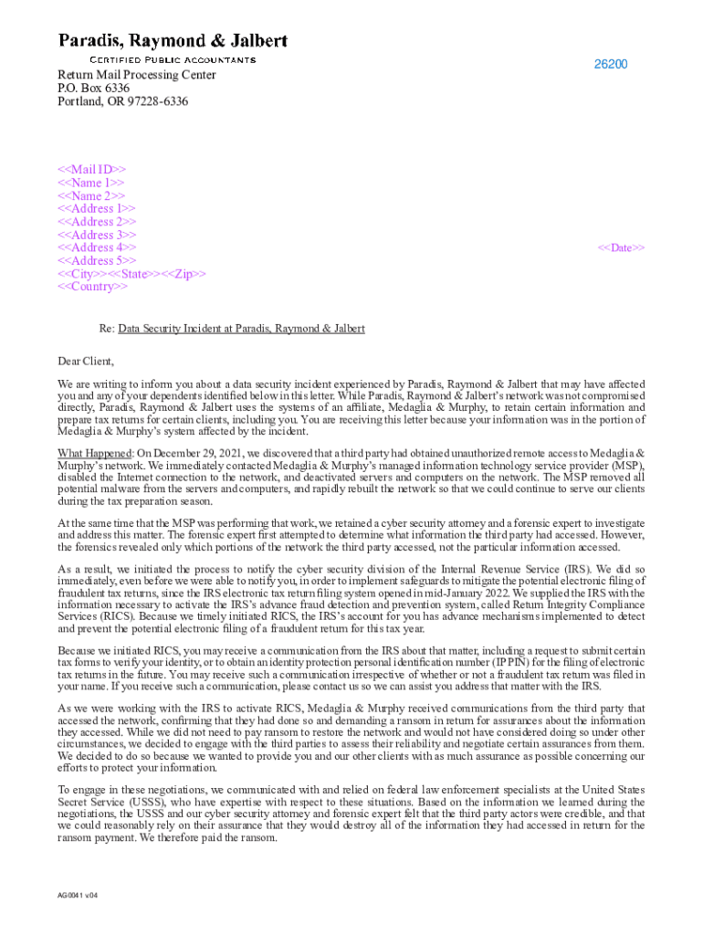 Fillable Online Re: Data Security Incident at Paradis, Raymond ...