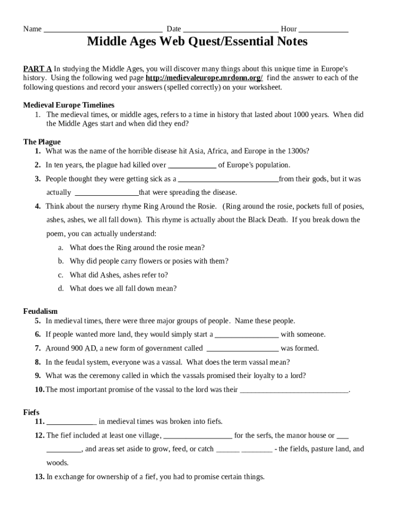 Middle Ages Web Quest/Essential Notes Flashcards Doc Template | pdfFiller
