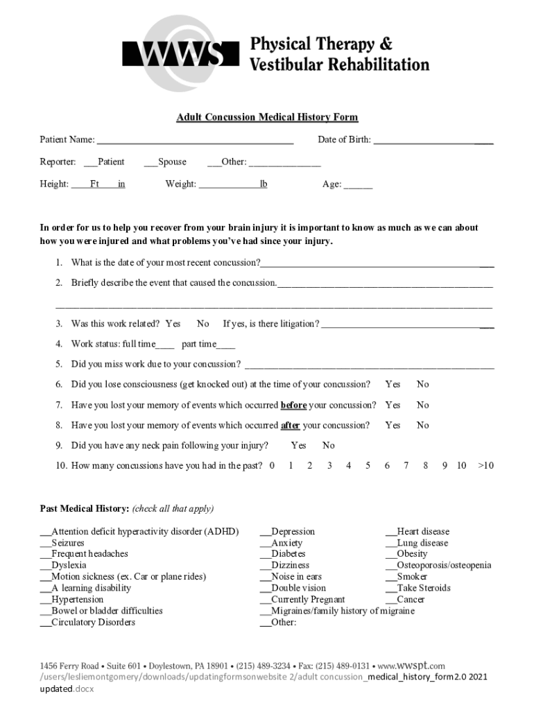 Fillable Online Adult Concussion Medical History Form Fax Email Print ...