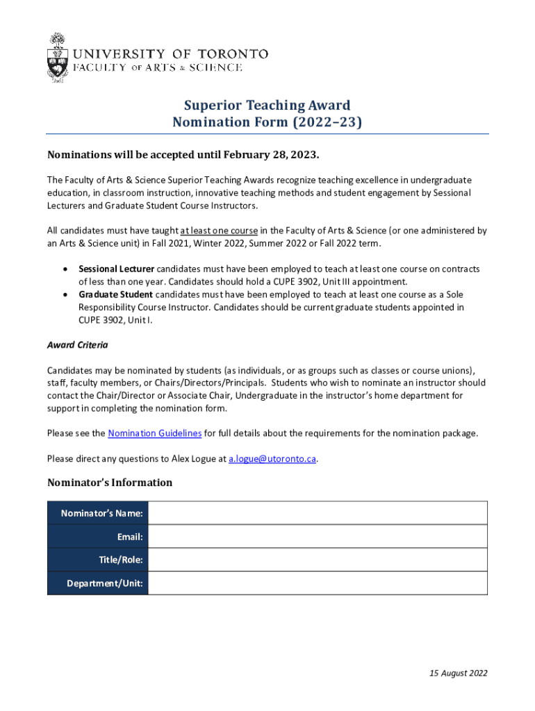 Fillable Online Superior Teaching Award Nomination Form (202223) Fax ...