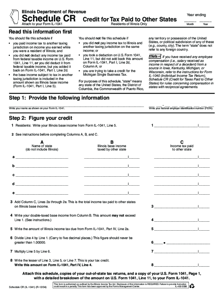 Fillable Online tax illinois 2022 Schedule CR, Credit for Tax Paid to ...