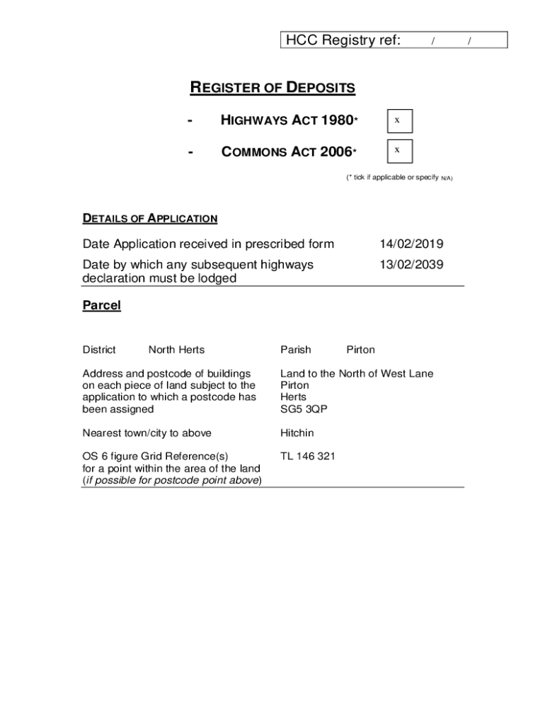 Fillable Online What does a a landowner deposit made under Highways Act ... Fax Email Print ...