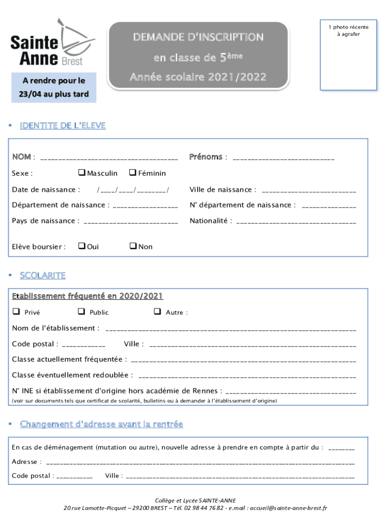 Remplissable En Ligne DEMANDE D'INSCRIPTION en classe de 5me Anne scolaire ... Fax Email ...