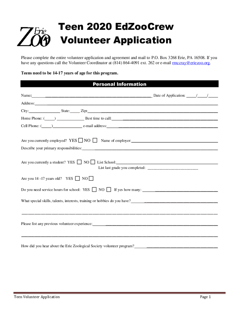 Fillable Online Erie Zoo Volunteer - Fill and Sign Printable Template Online Fax Email Print ...