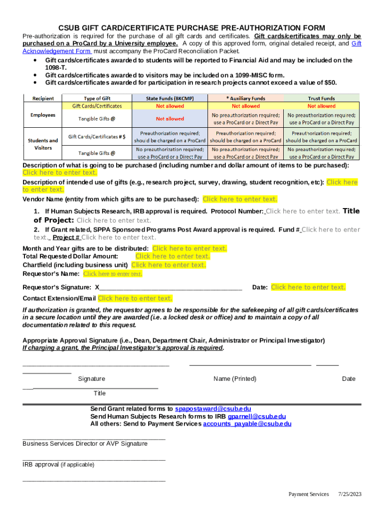 CSUB Research Gift Card Acknowledgment Doc Template | pdfFiller