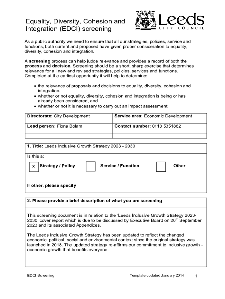 Fillable Online Equality diversity cohesion and integration screening ...