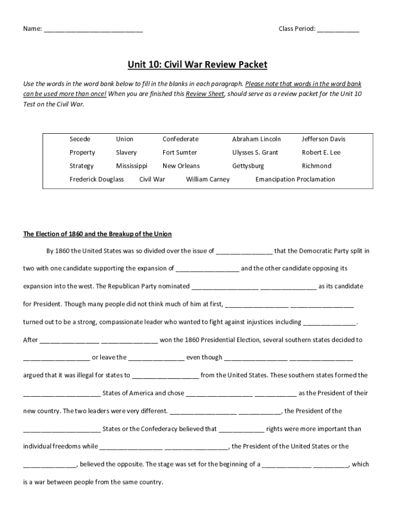Fillable Online Civil War Review Worksheets .pdf - Name: Class Period ...
