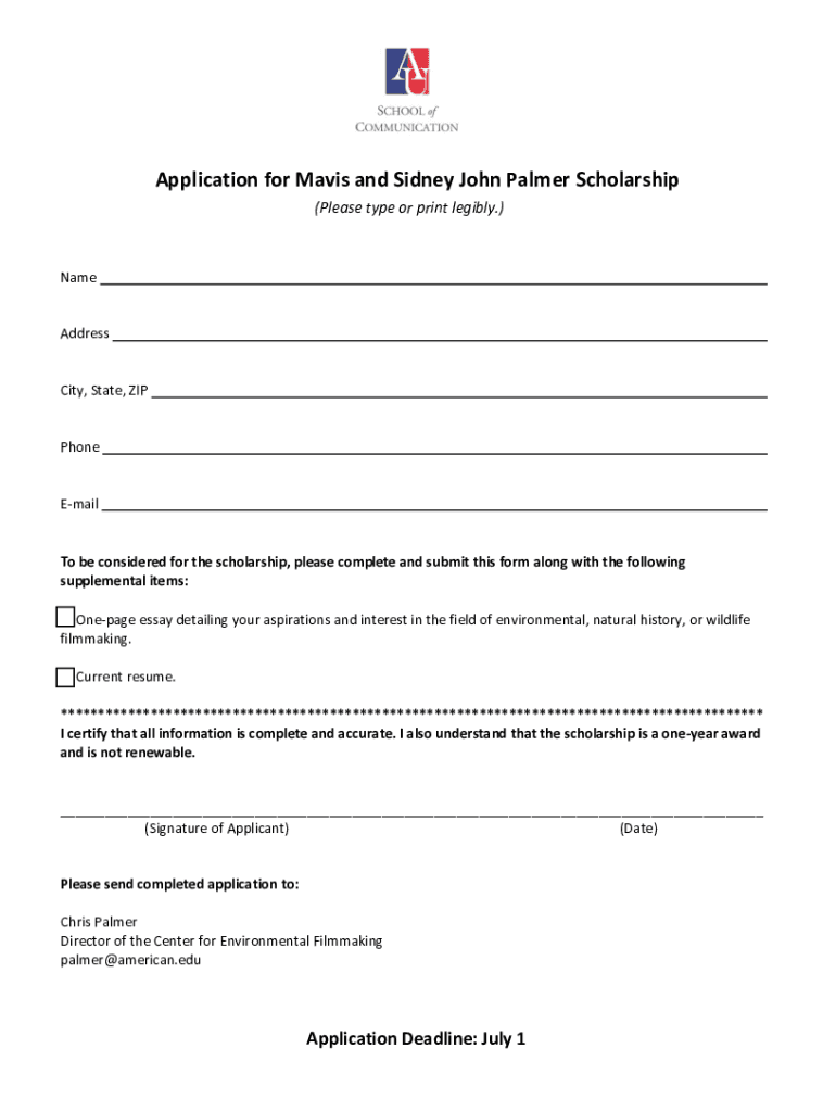 Fillable Online Application for Mavis and Sidney John Palmer ...