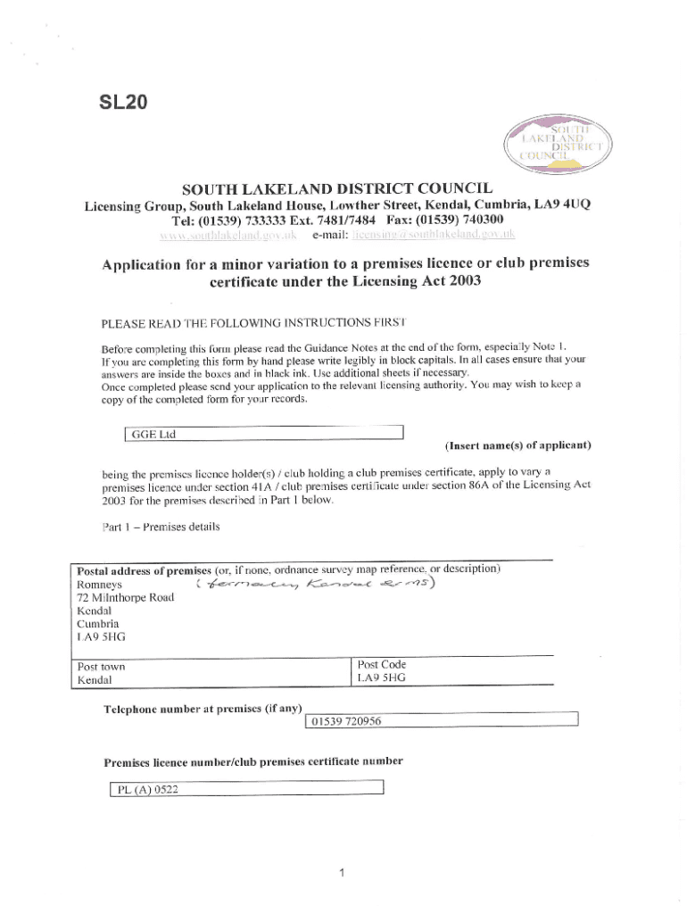 Fillable Online Application for a minor variation to a premises licence or club premises ...